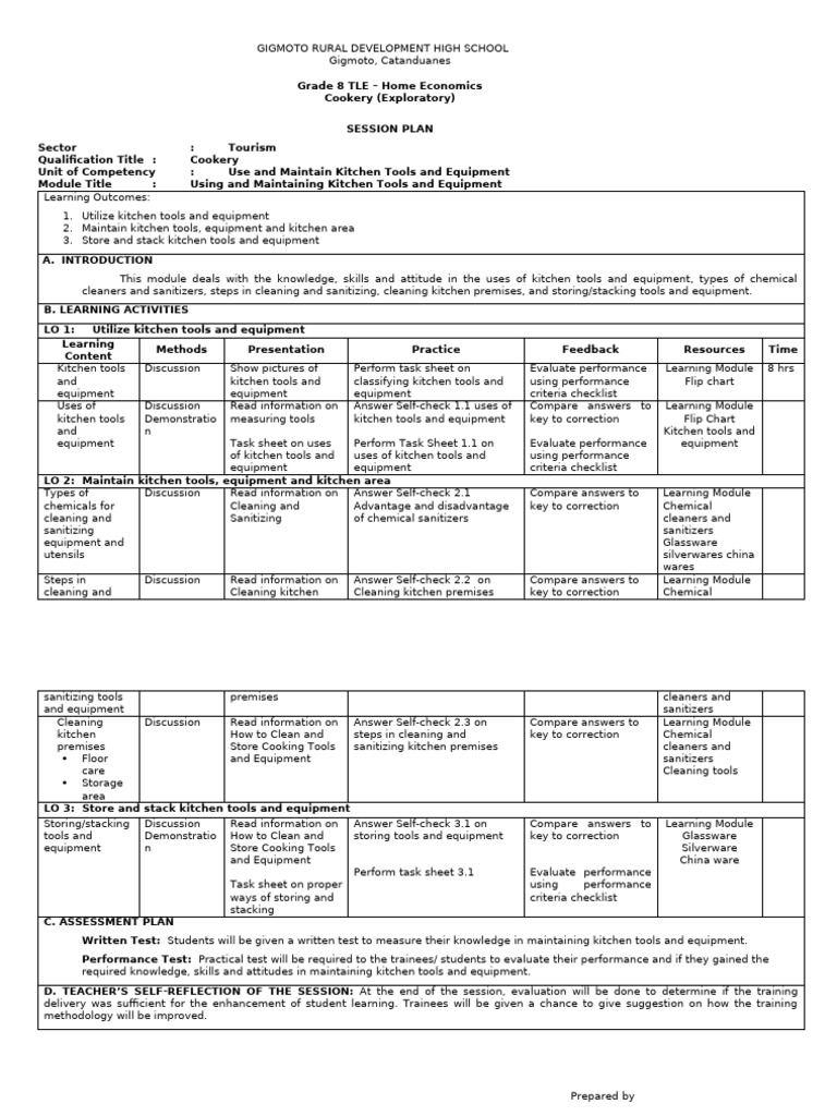 435346233 SESSION PLAN Cookery Exploratory | PDF | Risk | Learning