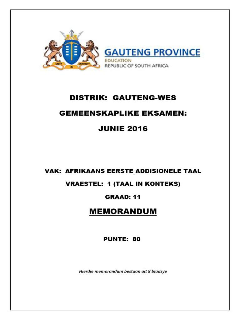 AfrEAT Gr11 V 1 Jun16 MEMO GP - GW | PDF