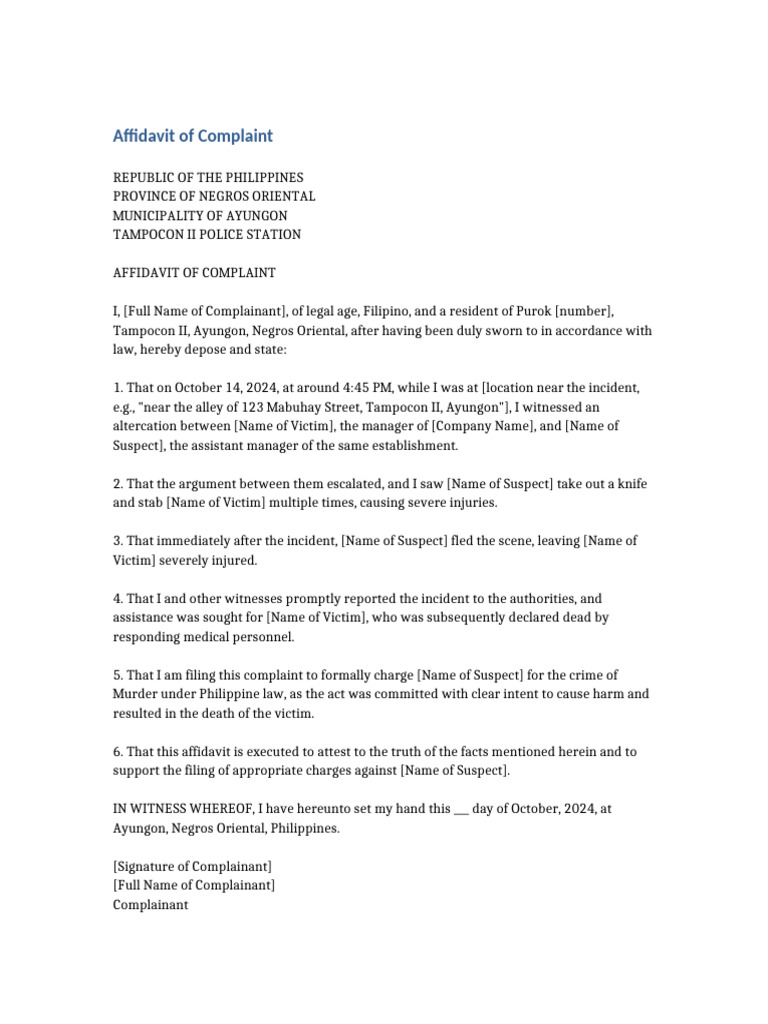 Affidavit of Murder Complaint in Ayungon | PDF