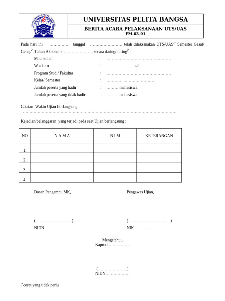 Upb FM 03 01 Template Berita Acara Pelaksanaan Uts Uas | PDF