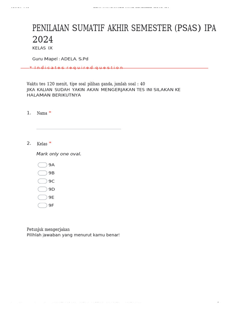 PSAS IPA KELAS IX 2425 - Google Forms | PDF