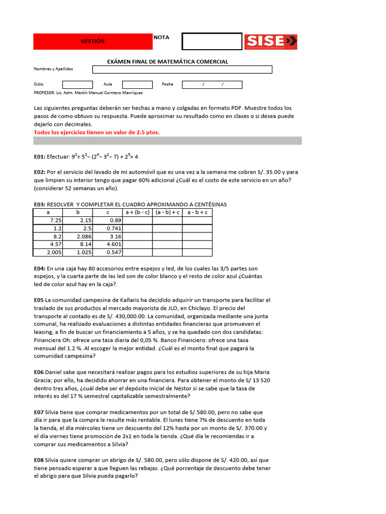EXAMEN FINAL MATEM TICA COMERCIAL-1 | PDF | Economias | Dinero