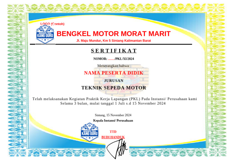 Bagian Depan Sertifikat PKL 2024 | PDF