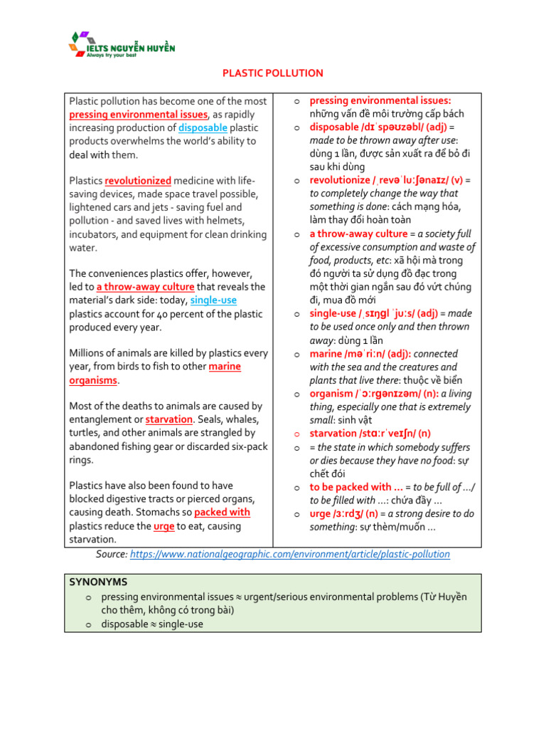 Day 4 Plastic Pollution Ielts Nguyenhuyen | PDF | Environmental Issues ...