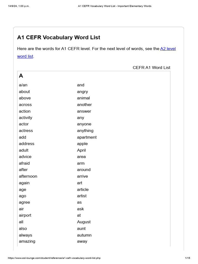 A1 CEFR Vocabulary Word List - Important Elementary Words | PDF