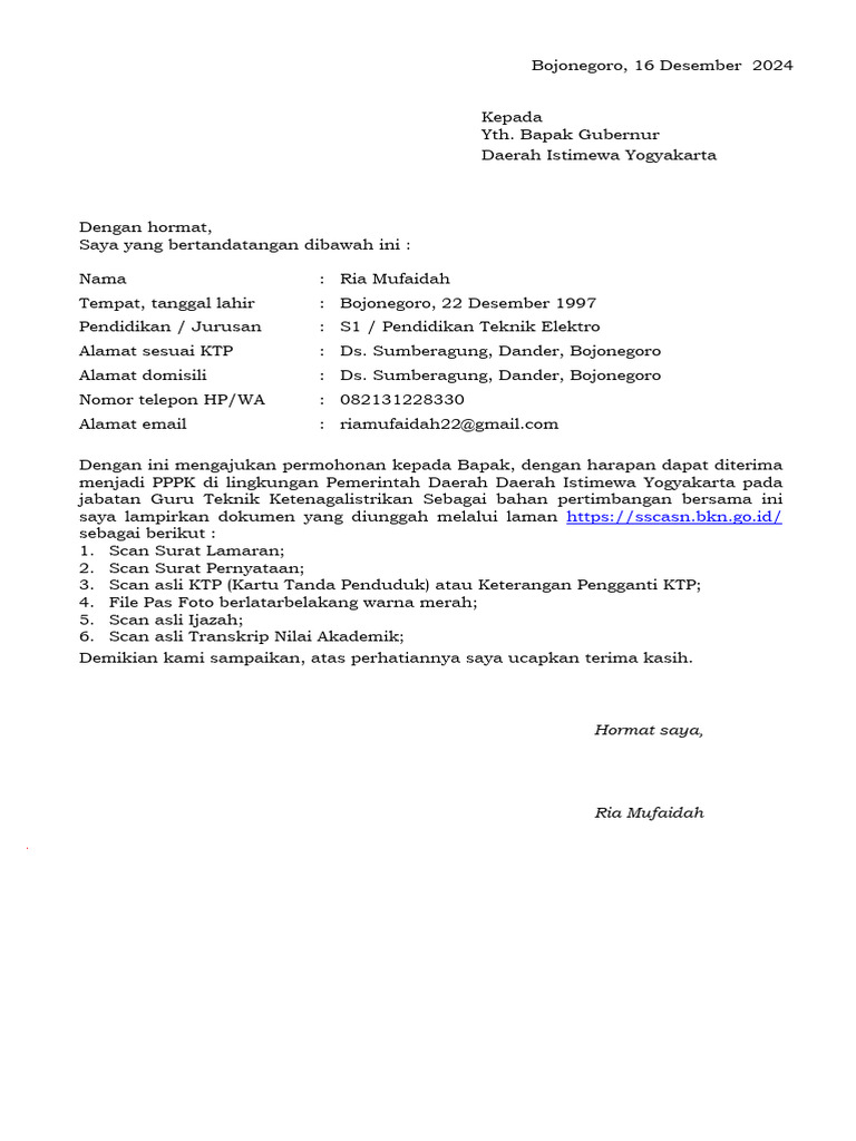 Surat Lamaran Pekerjaan Ria Mufaidah | PDF