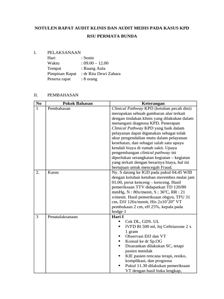 Notulen Rapat Audit Klinis Dan Audit Medis Pada Kasus KPD | PDF