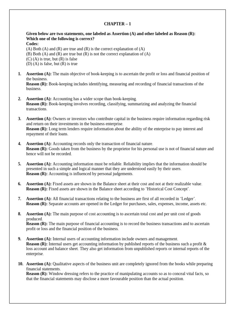 Assertion and Reasoning in Accounting | PDF | Debits And Credits ...