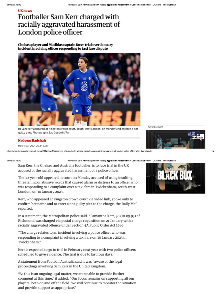 Footballer Sam Kerr Charged With Racially Aggravated Harassment of ...