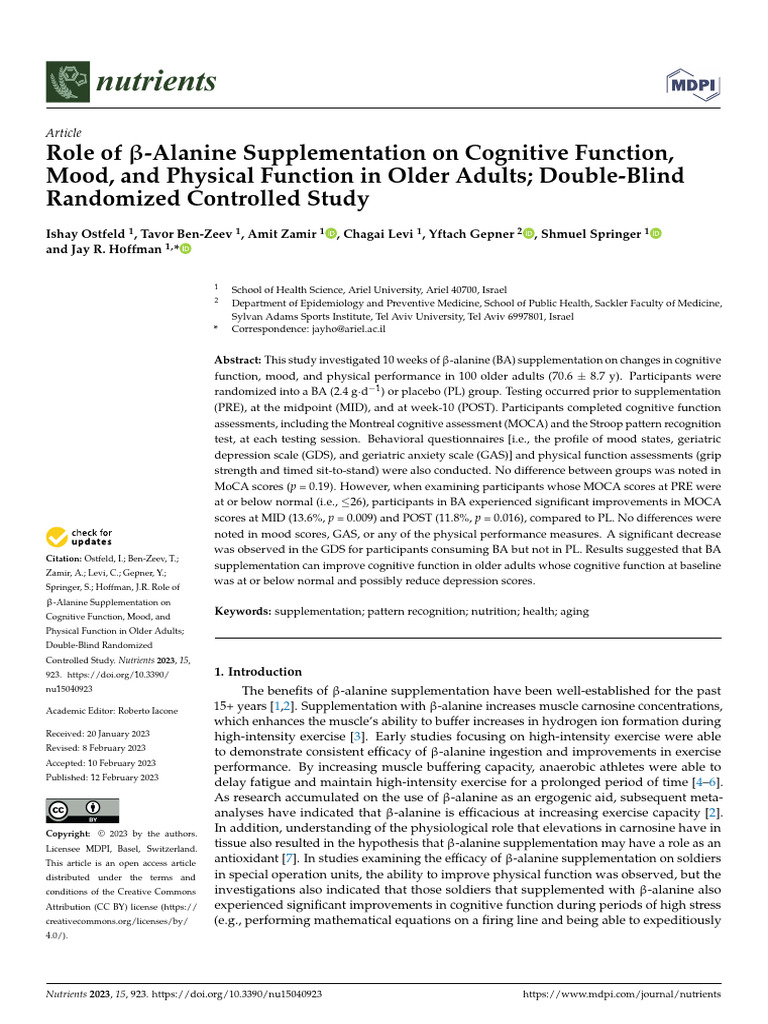 2023 - Role of Β-Alanine Supplementation on Cognitive Function, Mood ...