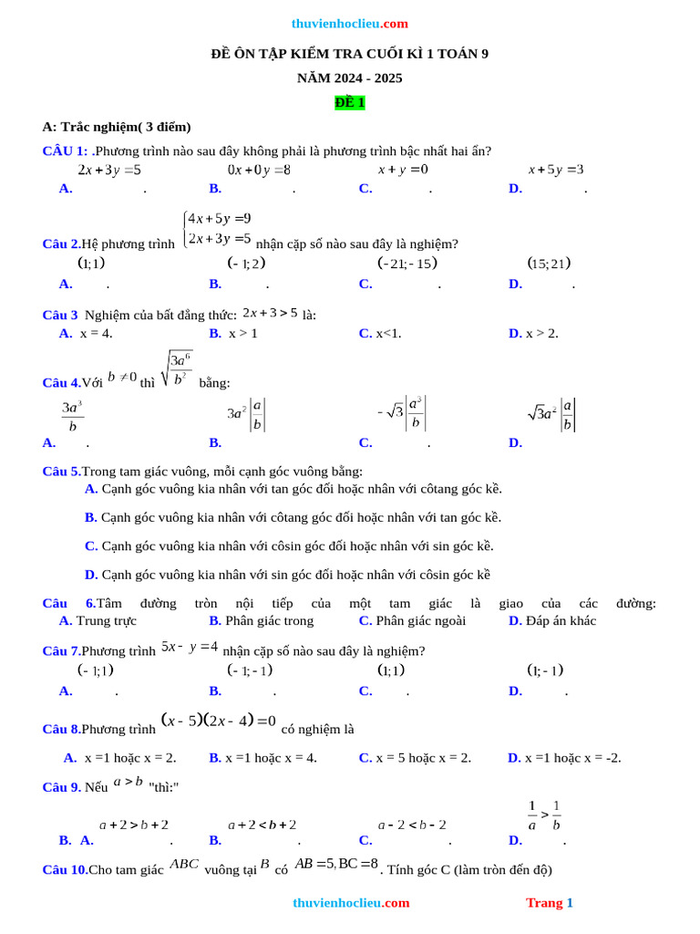 15 de On Tap HK1 Toan 9 KNTT 24 25 | PDF