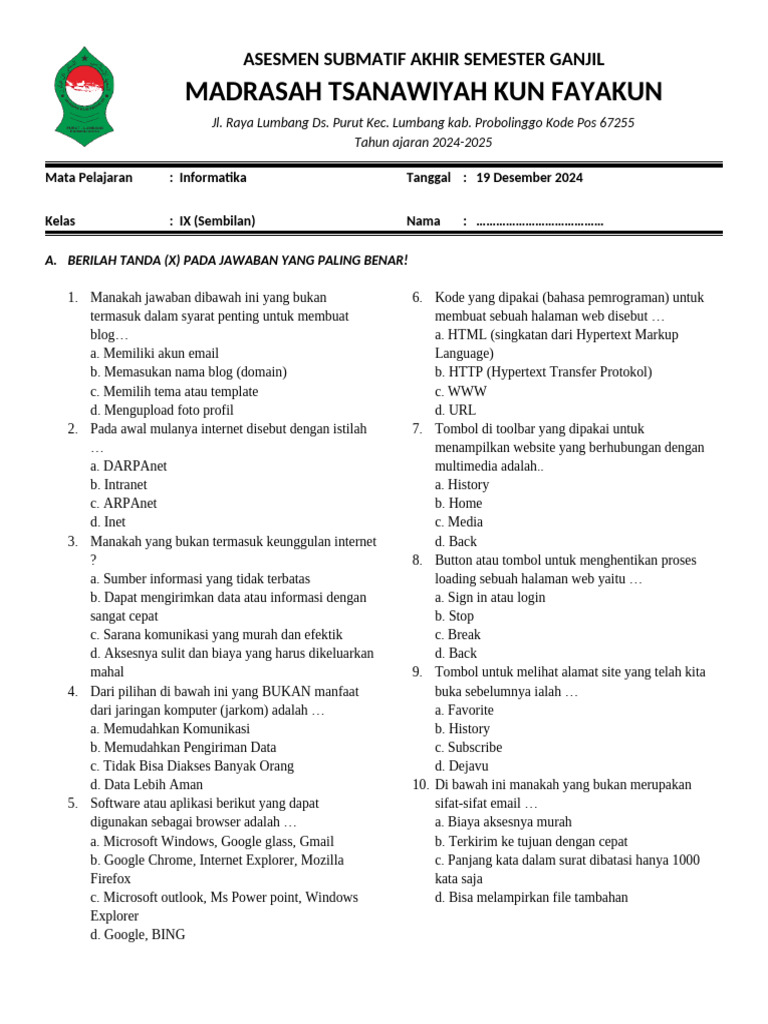 Soal Informatika Kelas 9 Ganjil 2024-2025 | PDF