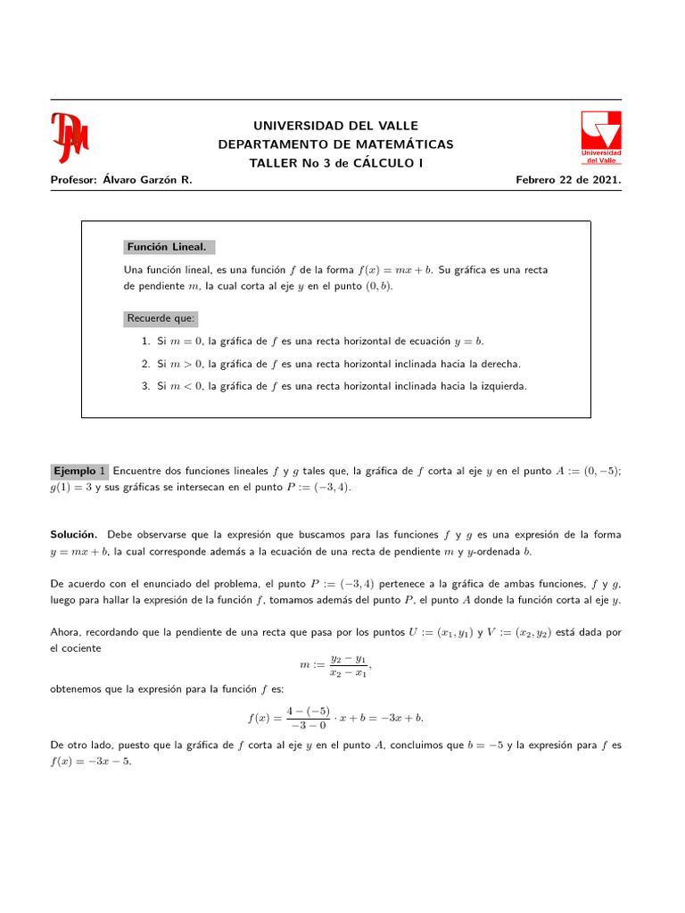 UNIVERSIDAD DEL VALLE DEPARTAMENTO DE MATEM ATICAS TALLER No 3 de ...
