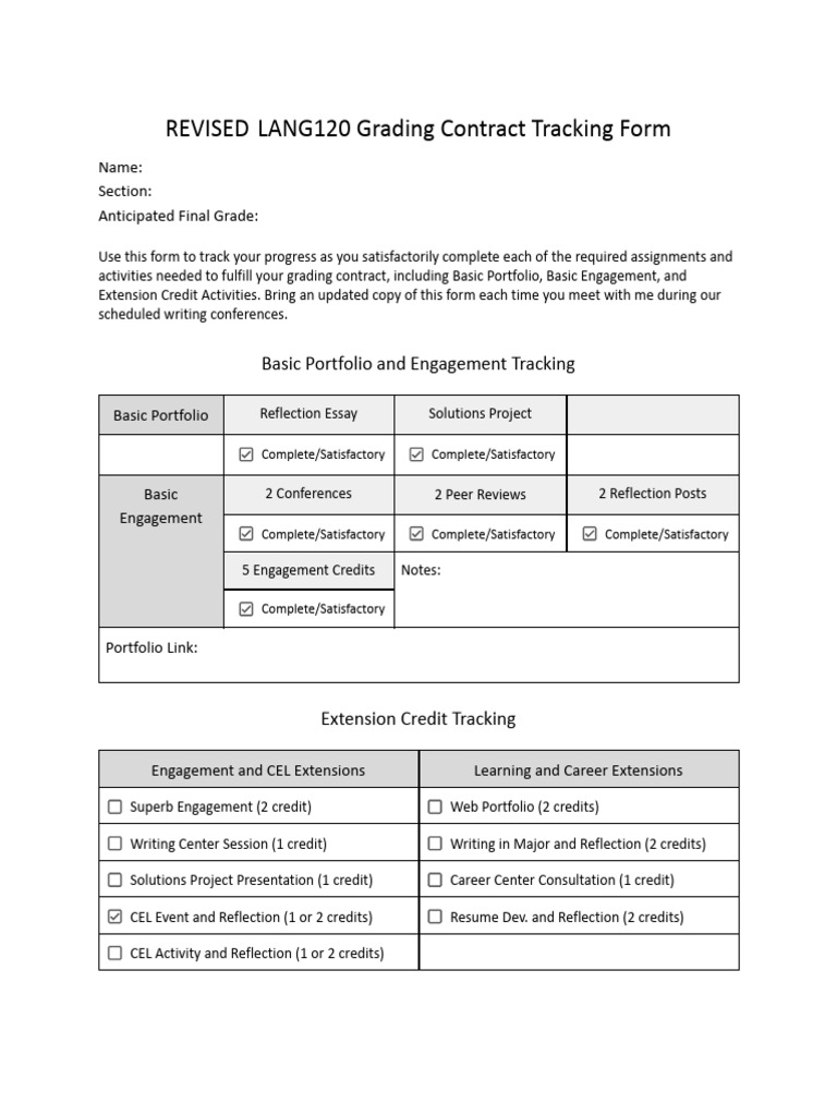 Kenenths Actual REVISED LANG120 Grading Contract Tracking Form | PDF | Human Communication | Writing