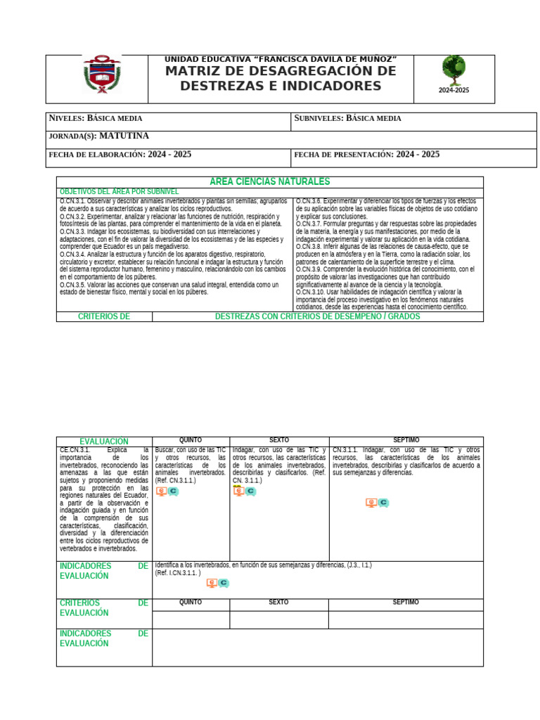 MATRIZ DESAGREGACION 2024 - 2025 | PDF | Vida | Evaluación