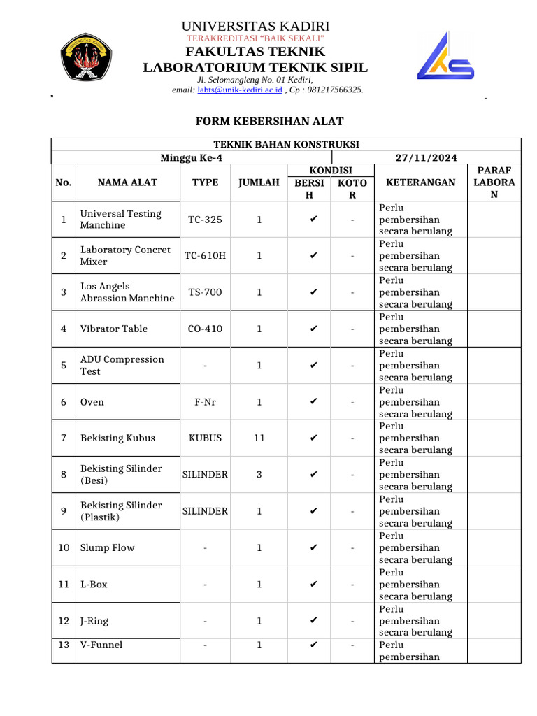 Form Checklist Alat Praktikum Struktur Beton Minggu Ke-1 Bulan Juni ...