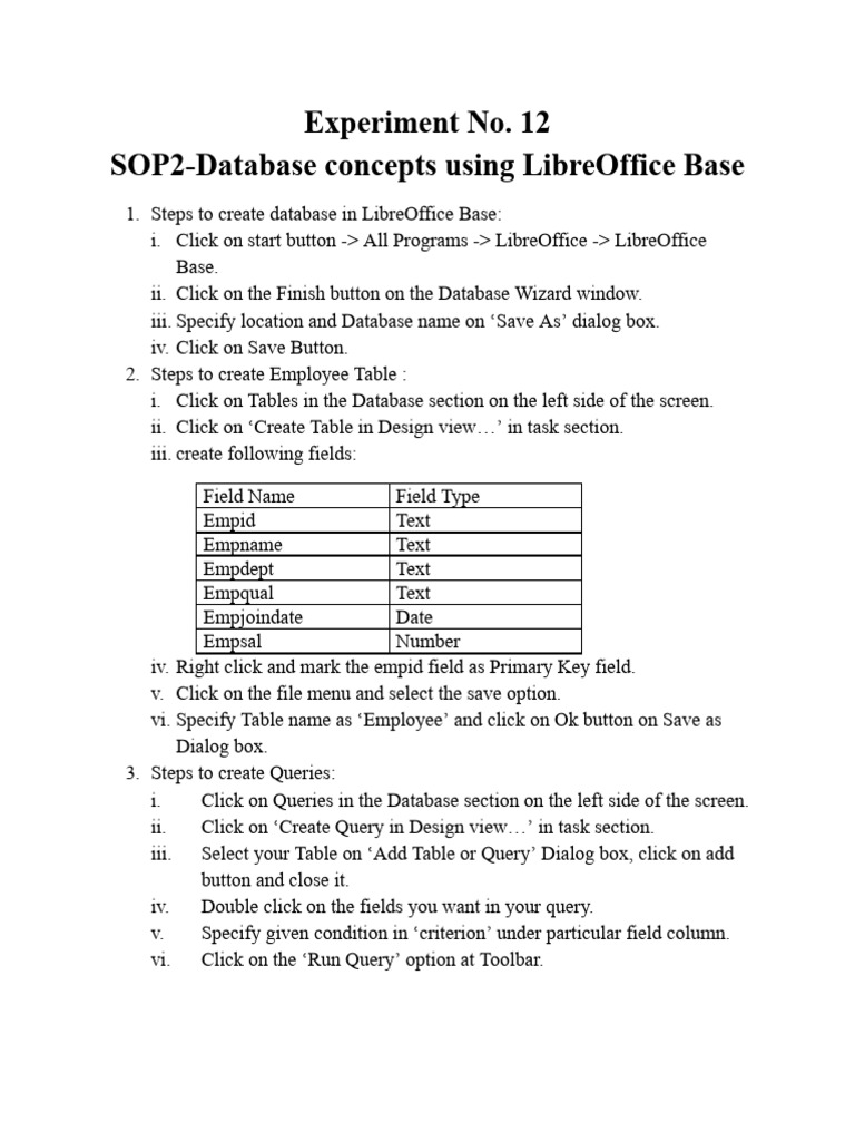 Ex 12database Concepts Using LibreOffice Base | PDF