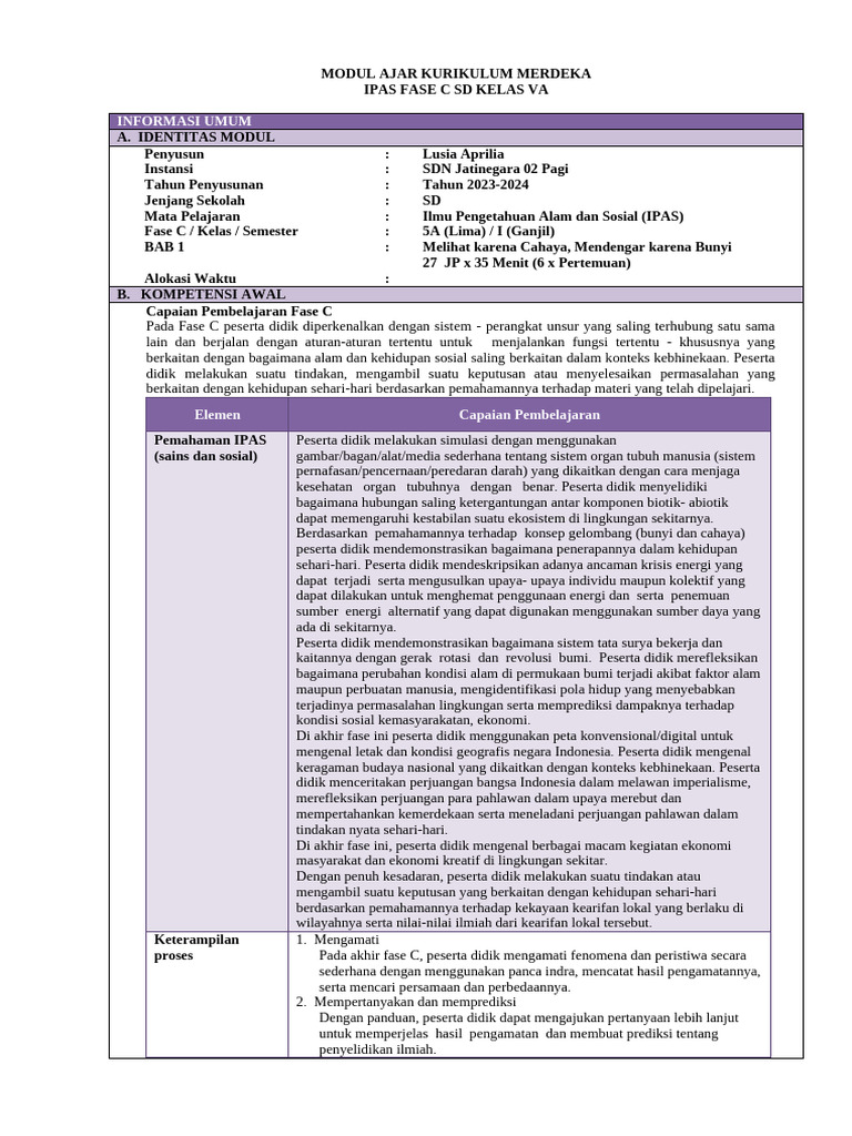 "Modul Ajar IPAS SD: Cahaya & Bunyi" | PDF