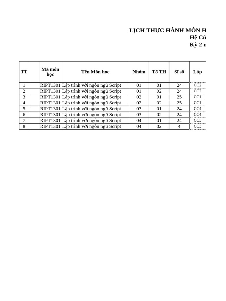 Lịch Thực Hành Môn Script (Kỳ 2 Năm 2023) | PDF