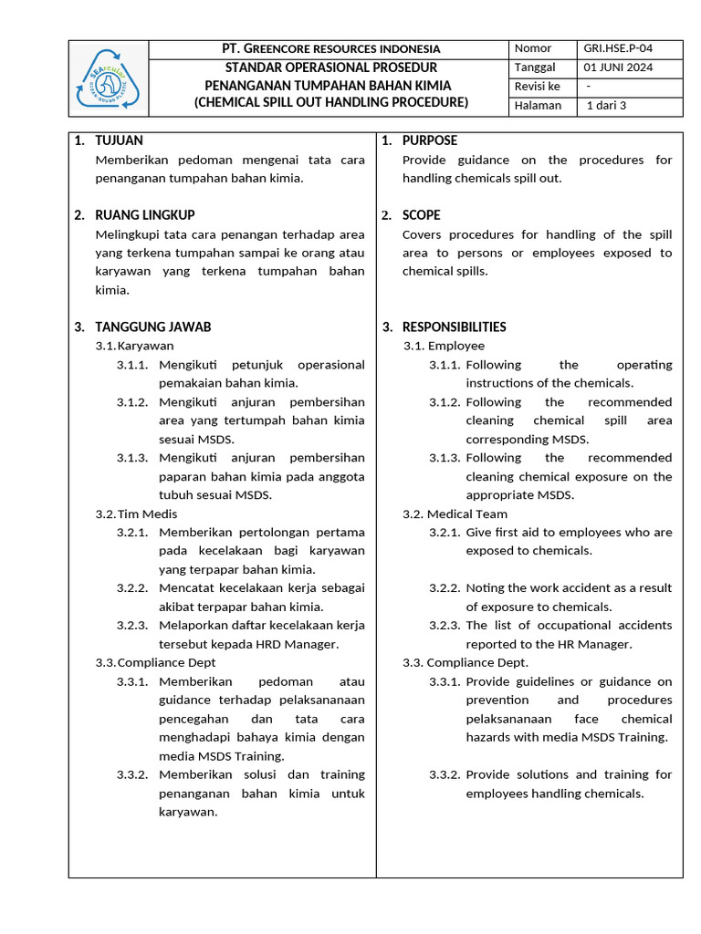Gri - Hse.p-04 - Sop Penanganan Tumpahan Bahan Kimia - New | PDF