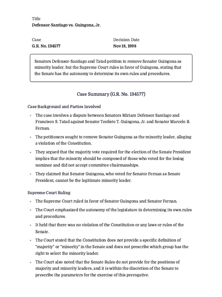 Case Summary - G.R. No. 134577 - Defensor-Santiago vs. Guingona, Jr ...