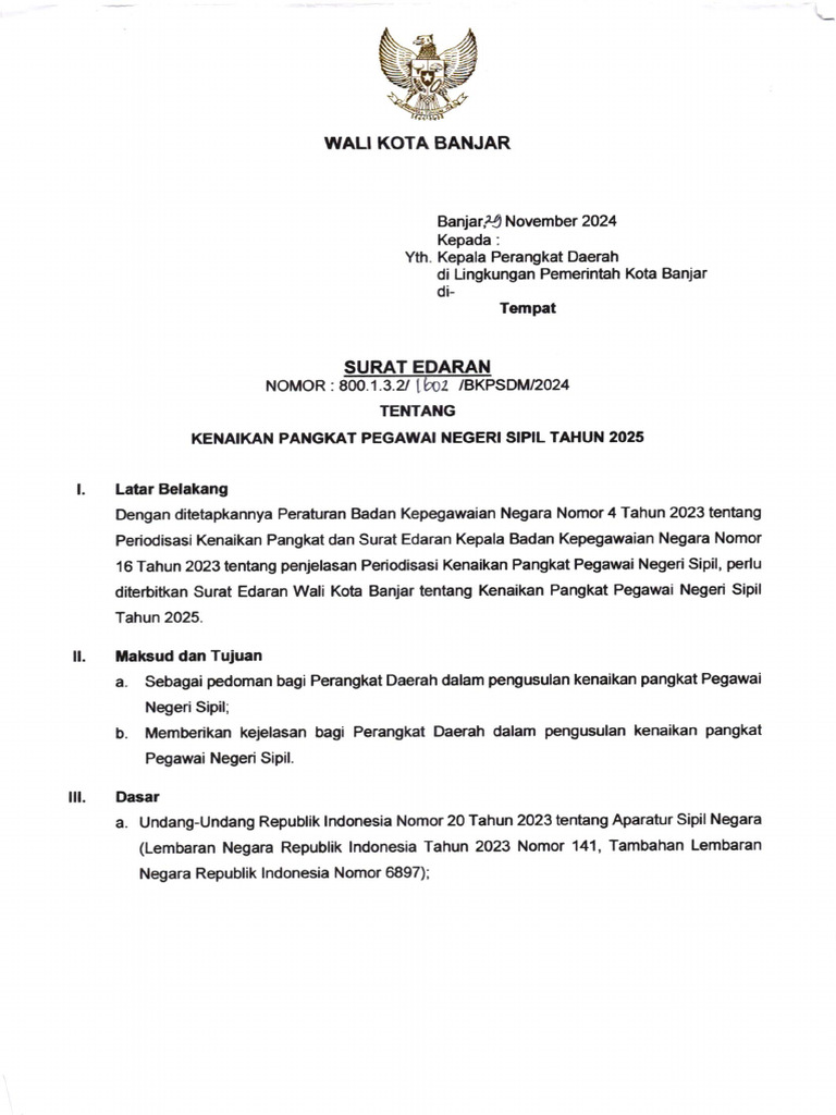Surat Edaran Tentang Kenaikan Pangkat Pegawai Negeri Sipil Tahun 2025 | PDF