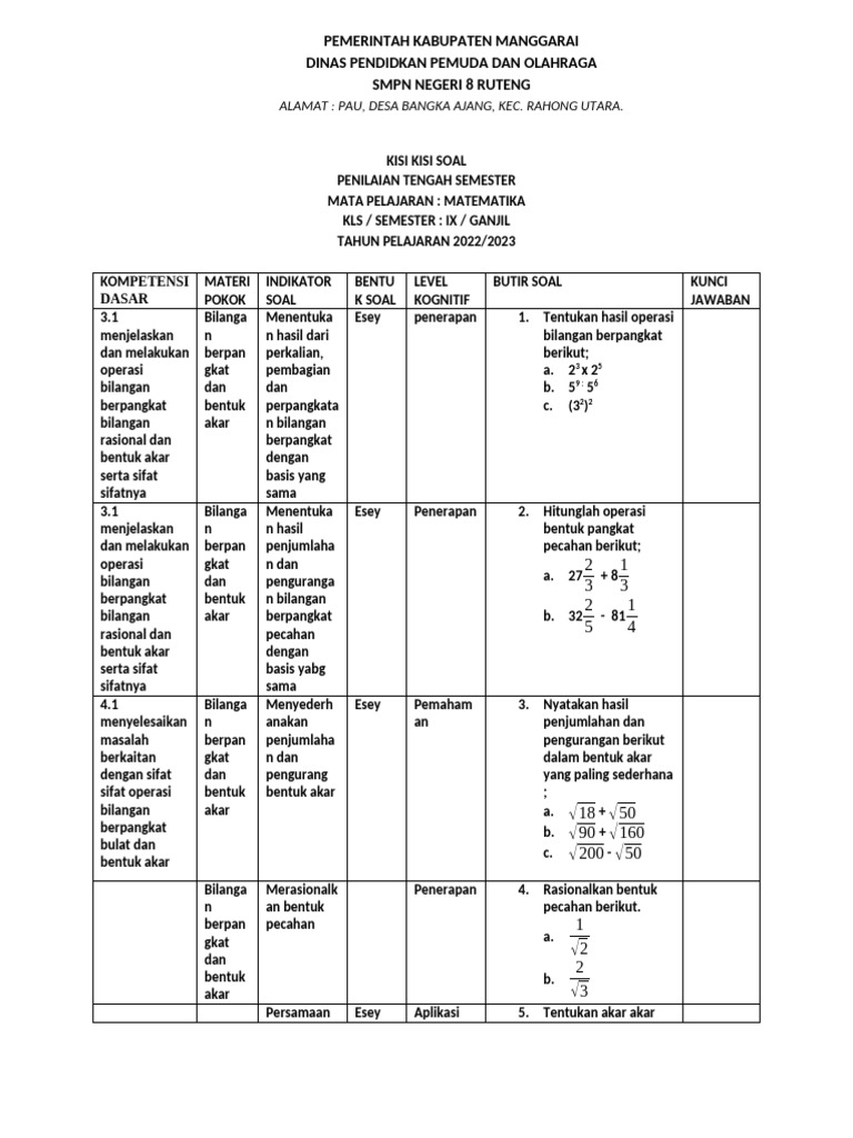 Kisi Soal Mid Mtk Kls 9, n8 | PDF