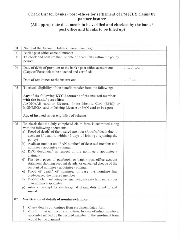 PMJJBY - Checklist For Banks | PDF