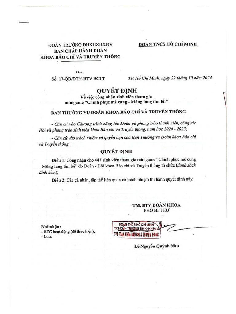 17-QĐ - ĐTN-BTV-BCTT QUYẾT ĐỊNH Về Việc Công Nhận Sinh Viên Tham Gia Minigame "Chinh Phục Mê ...