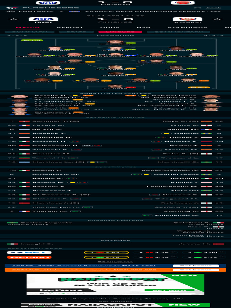INT 1-0 ARS Inter - Arsenal Lineups | PDF | Premier League | Premier League Clubs