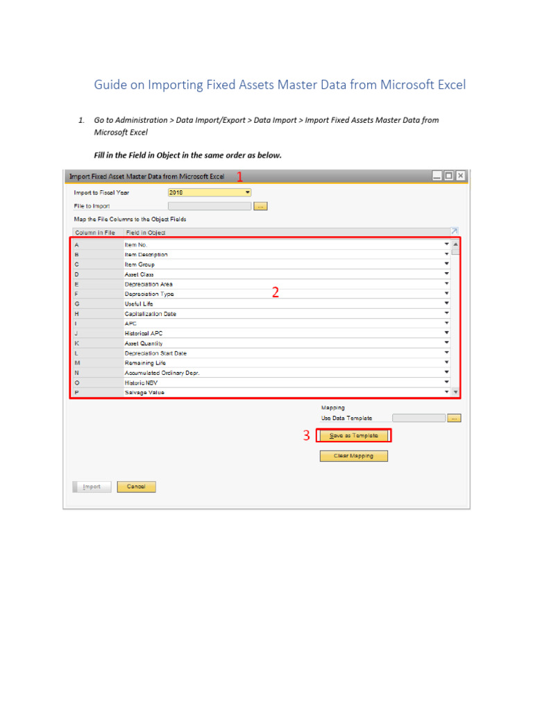 Guide On Importing Fixed Assets Master Data From Microsoft Excel | PDF | Depreciation | Software