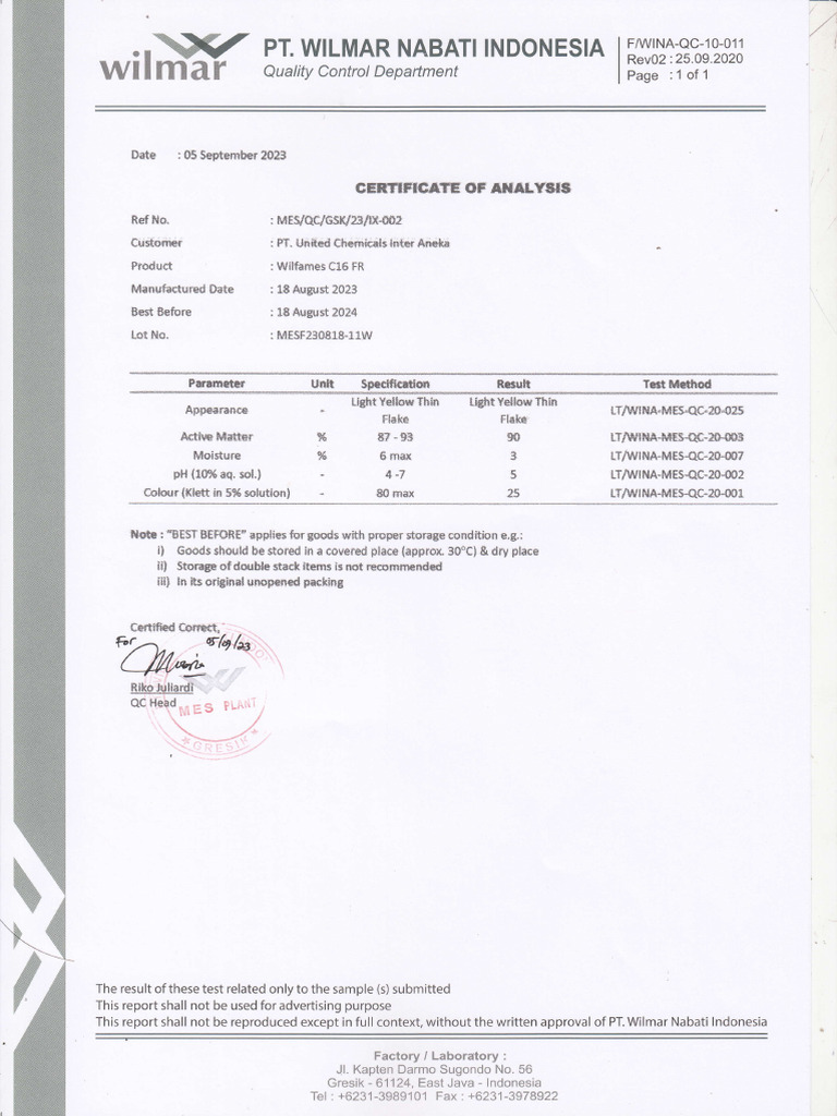 CoA MES Flake - Wilmar | PDF