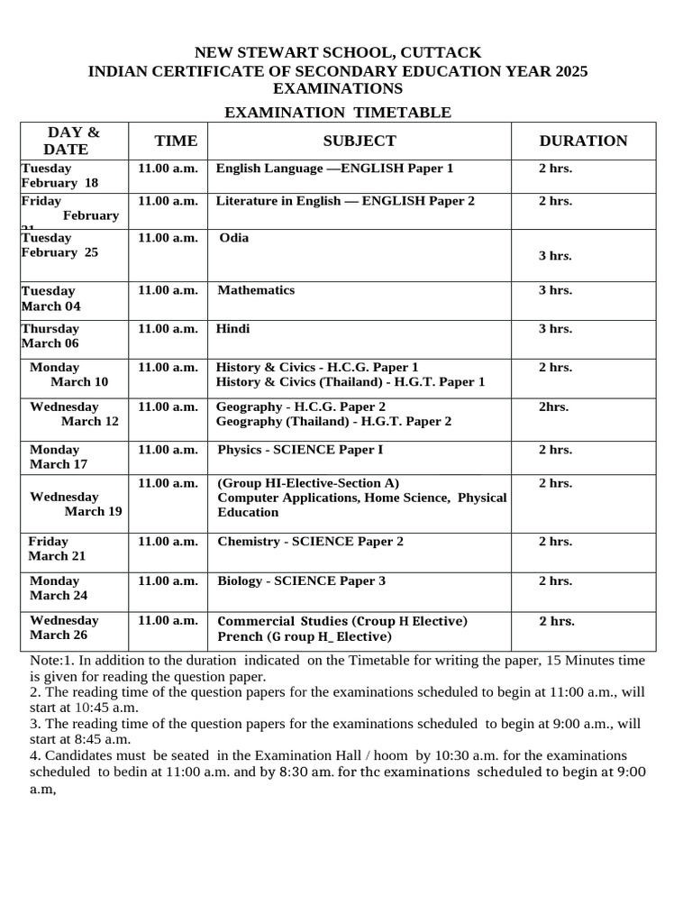 ICSE Exam Timetable 2024-25 | PDF