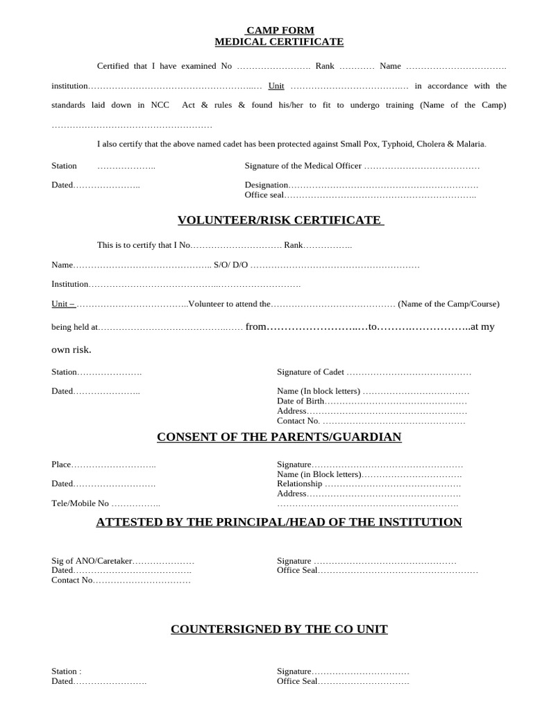 NCC Camp Medical and Consent Forms | PDF