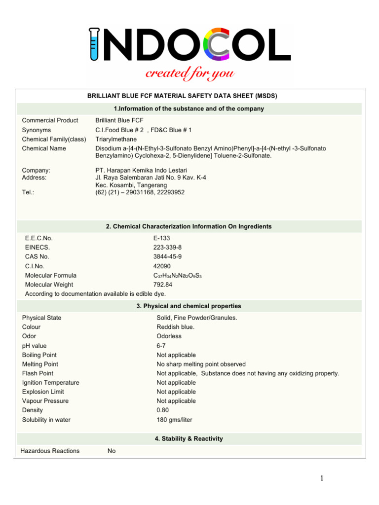 Msds Brilliant Blue Fcf Hal 1 | PDF