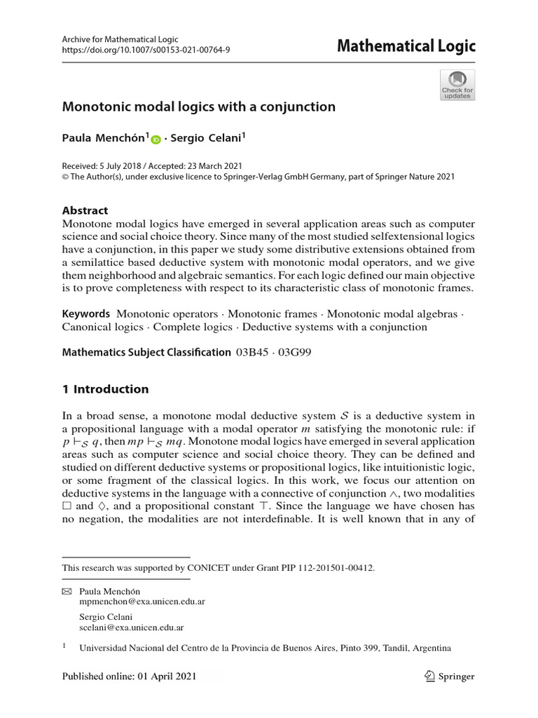 Monotonic Modal Logics With A Conjunction | PDF | Modal Logic | Logic