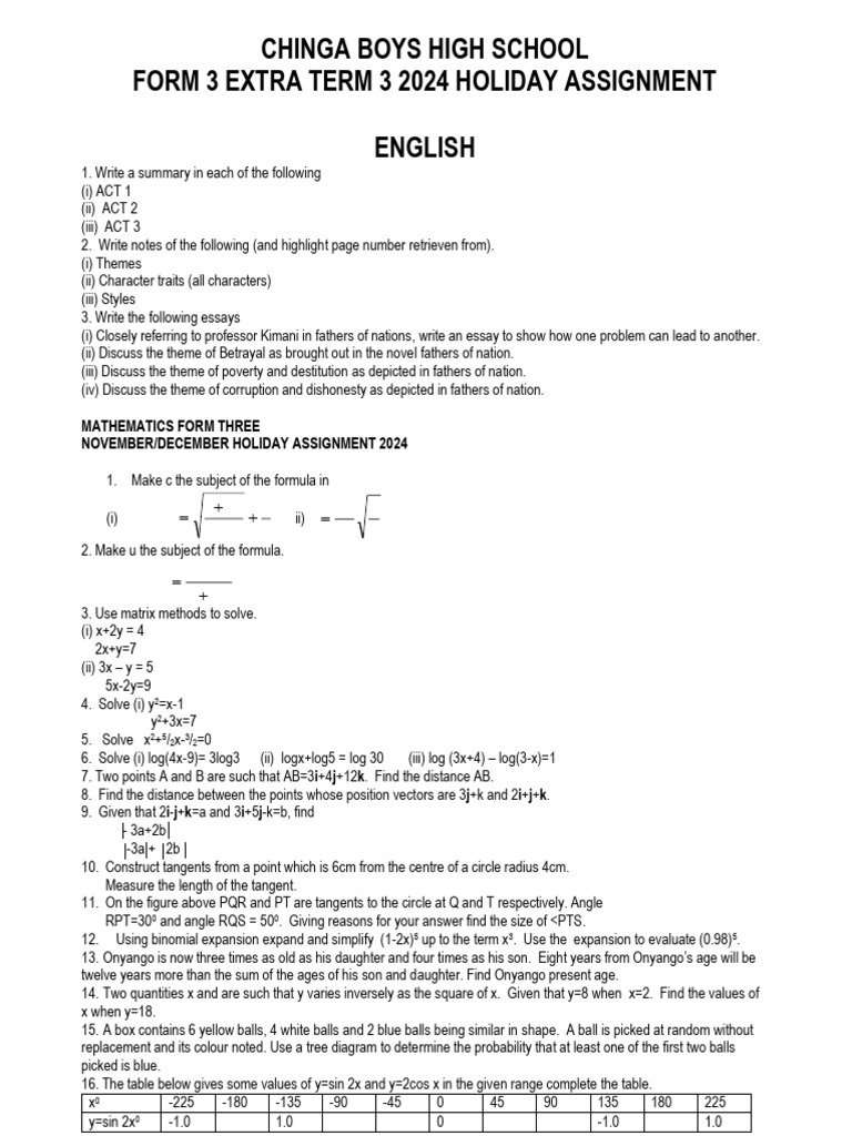 Cbhs Form 3 2024 Term 3 Dec Holiday Assignment | PDF | Circle | Differential Geometry