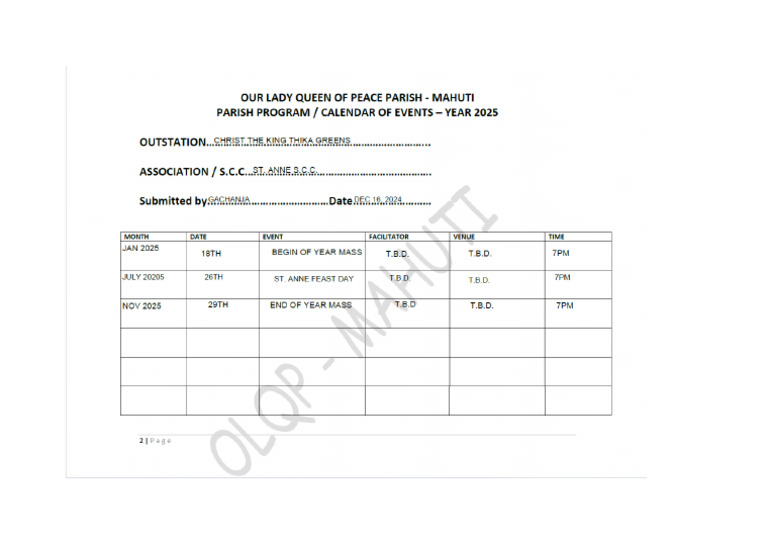 Calendar of Events 2025 - St. Anne SCC | PDF