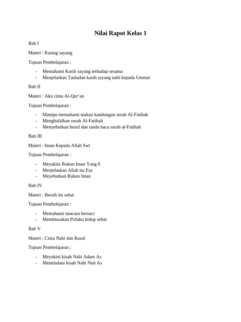 Nilai Rapot Kelas 1 | PDF