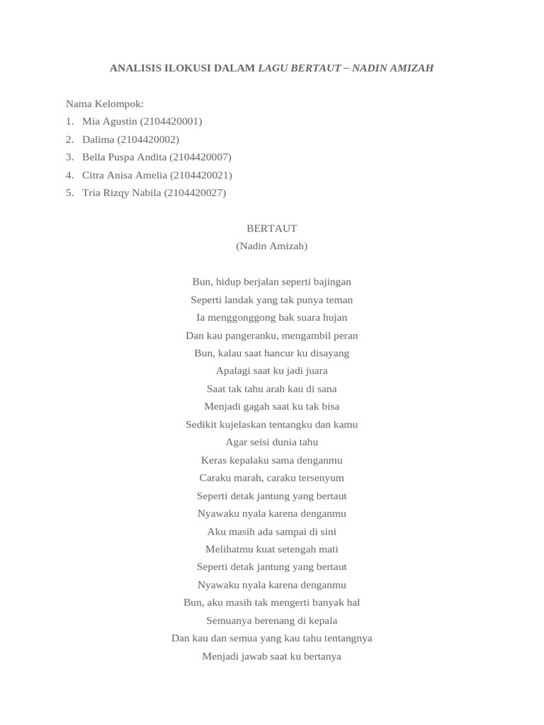 Analisis Ilokusi Lagu Bertaut Nadin Amizah | PDF