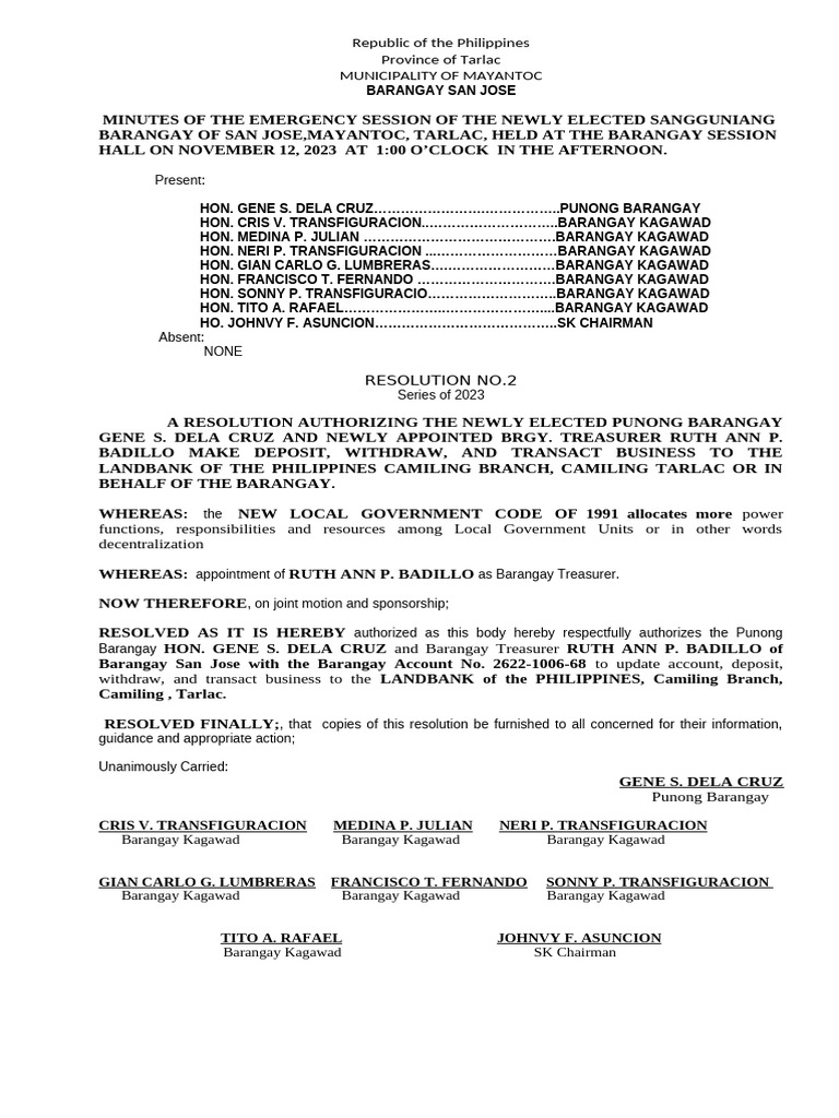 RESOLUTION For The Appointment of Treasurer | PDF