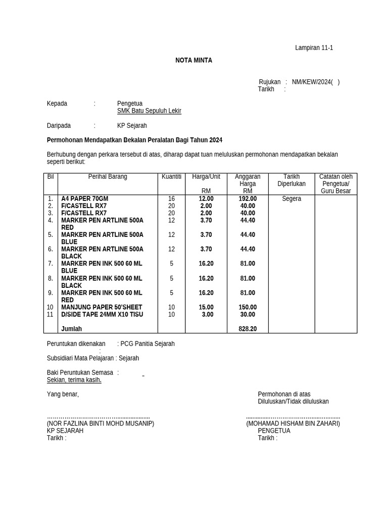 NOTA MINTA 2024 Alat Tulis 1 | PDF