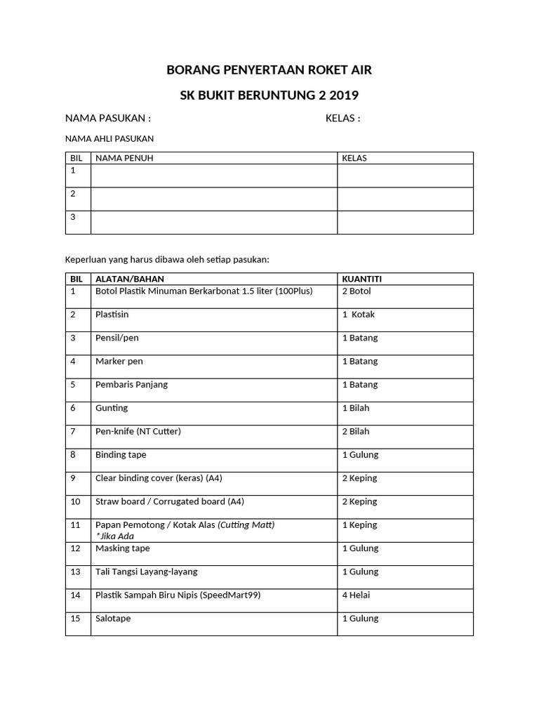Borang Penyertaan Roket Air | PDF