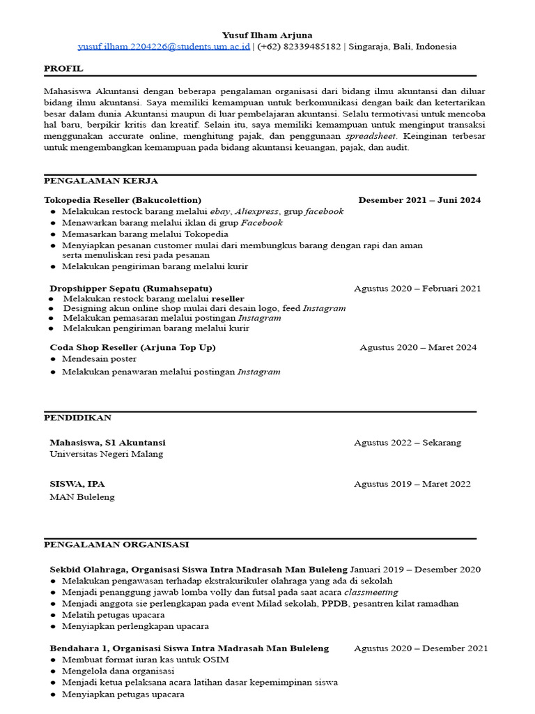 CV Yusuf Ilham Arjuna Ats | PDF