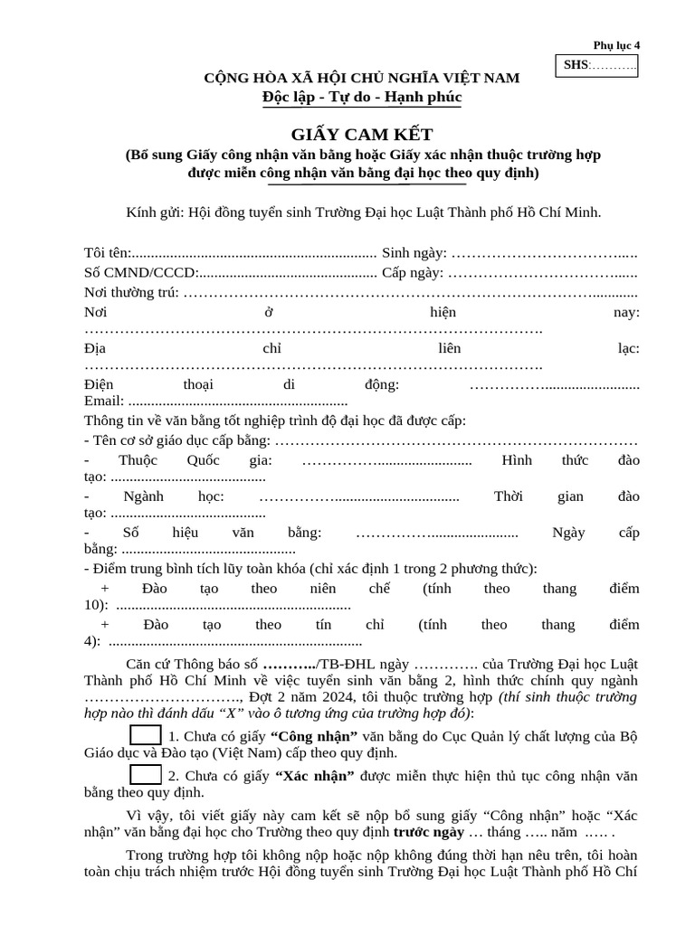Tuyen Sinh VB2CQ Nam 2024 - Dot 2 - PL4 - Cam Ket Bo Sung Giay Cong Nhan Van Bang - Chinh Thuc | PDF