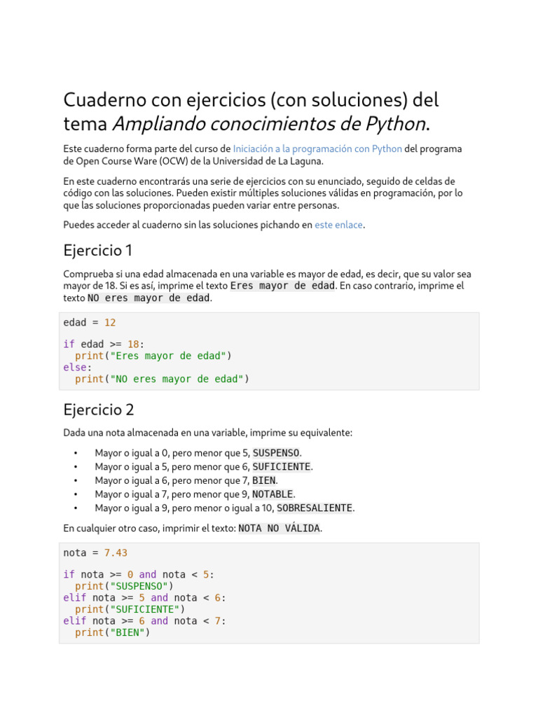 Ejercicios Python con Soluciones OCW ULL | PDF | Python (lenguaje de ...