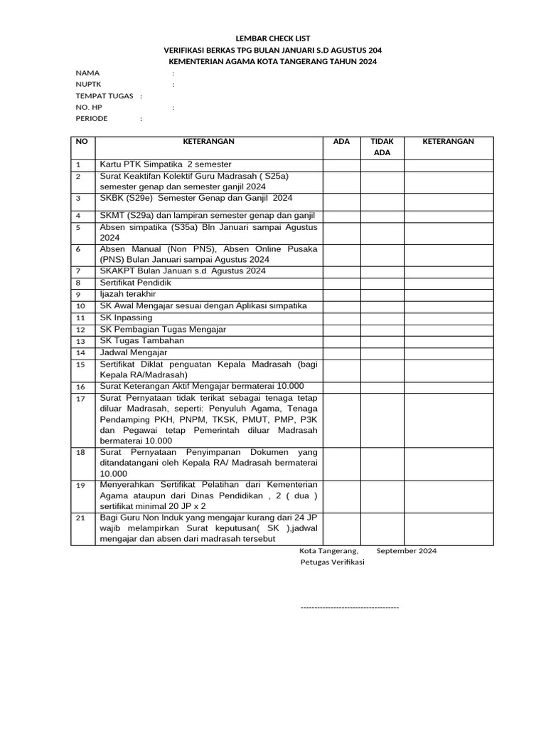 Verifikasi Berkas TPG 2024 Tangerang | PDF