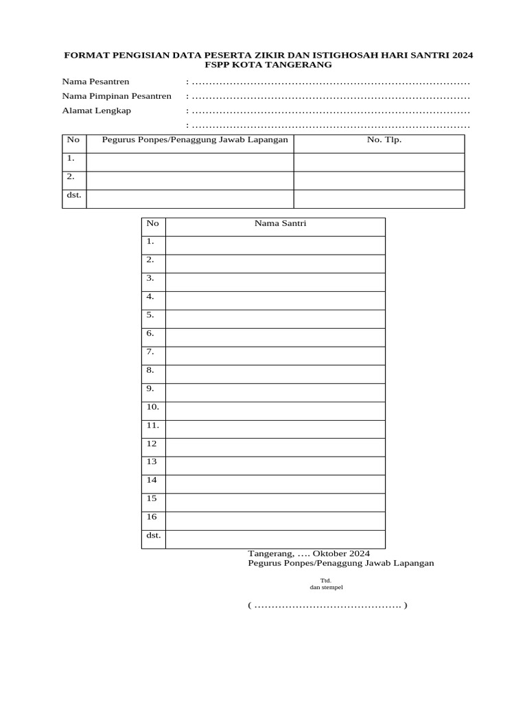 Format Pengisian Data Peserta Zikir Dan Istighosah Hari Santri 2024 | PDF