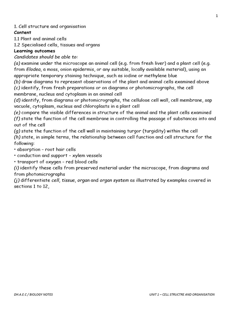 Unit 1 Cell Structure and Organisation | PDF | Ploidy | Meiosis