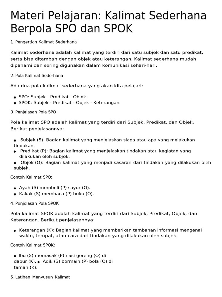 Materi Pelajaran Kalimat Sederhana Berpola SPO Dan SPOK Untuk Kelas 2 SD | PDF